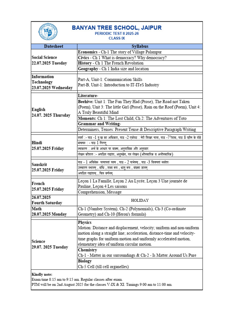 Class IX Periodic Test II Schedule | PDF