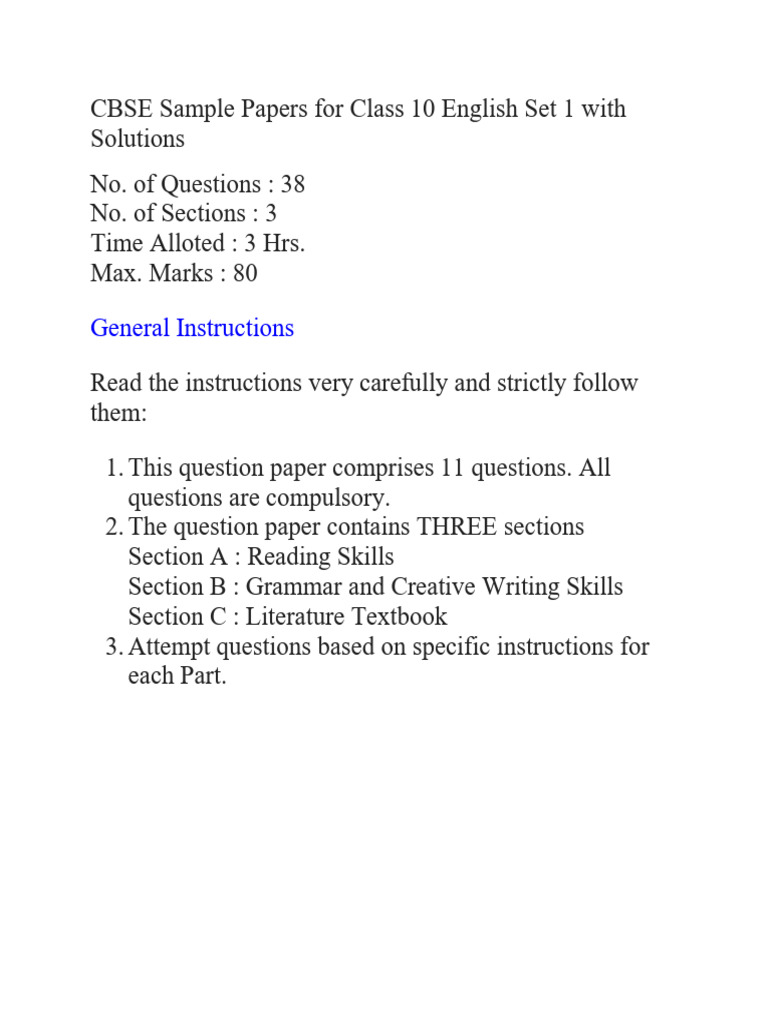 CBSE Sample Papers For Class 10 English Set 1 With Solutions | PDF ...