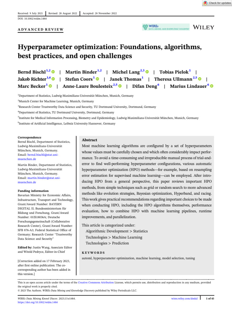 WIREs Data Min Knowl - 2023 - Bischl - Hyperparameter Optimization Foundations Algorithms Best ...