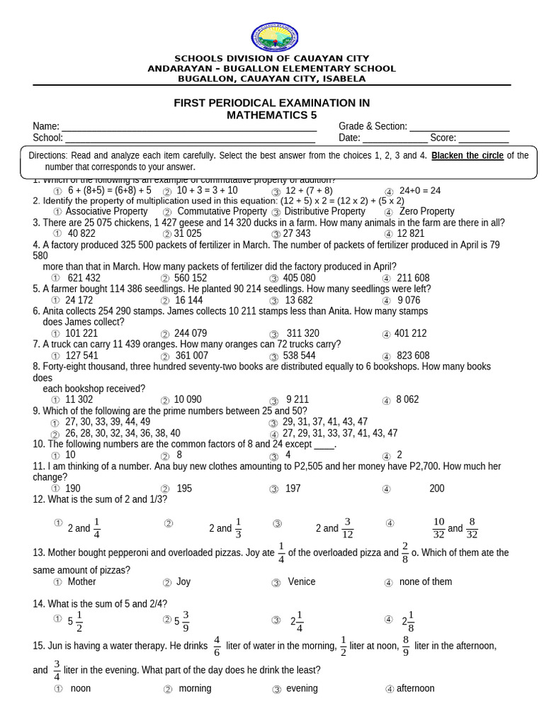 1ST Periodical Exam - Math 5 - Q1 | PDF | Mathematics | Elementary ...
