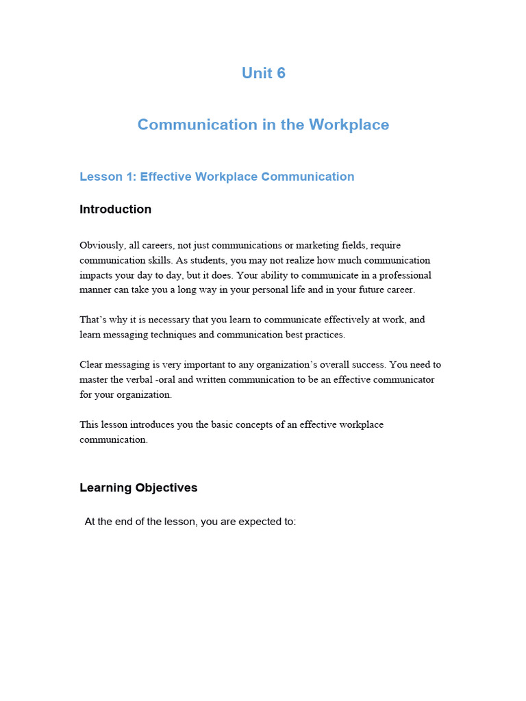 PC Unit 6 Lesson 1 Communication in The Workplace | PDF | Communication ...