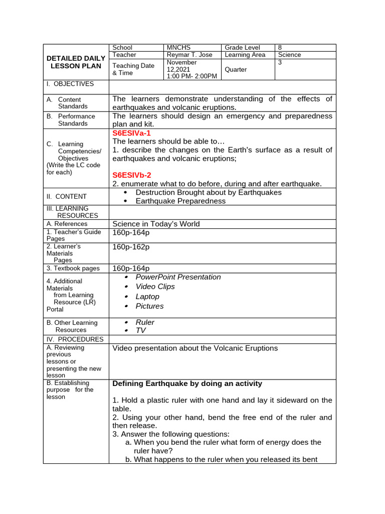 Detailed Daily Lesson Plan - Science 8 | PDF | Earthquakes | Tsunami