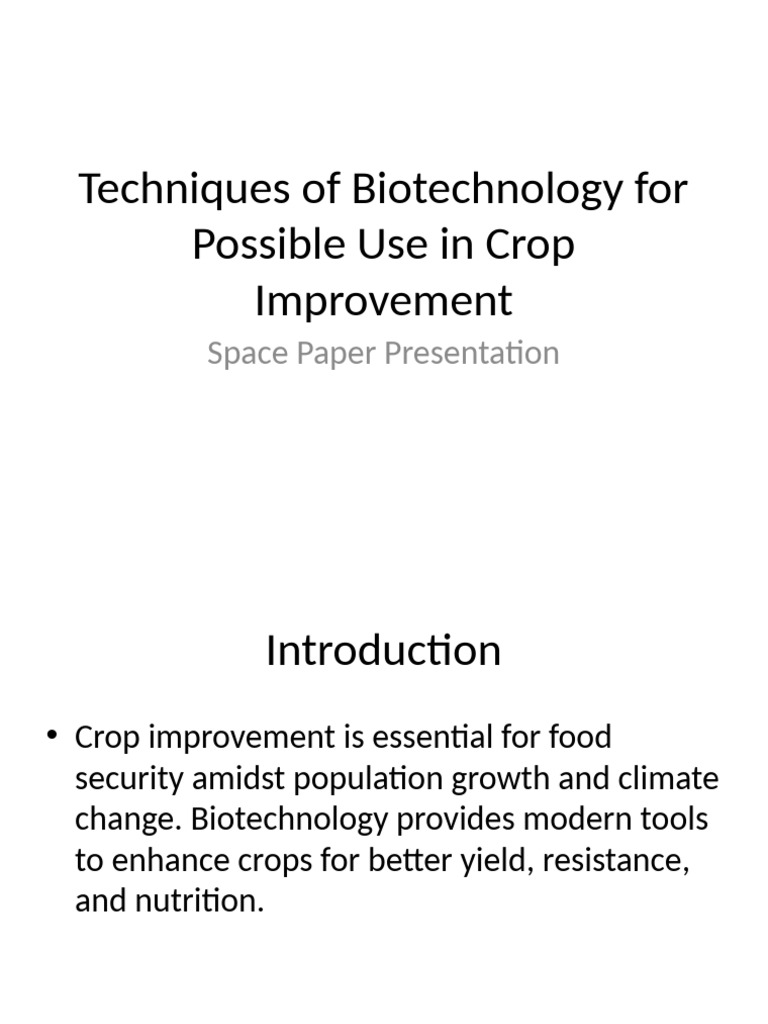 Biotechnology Techniques for Crop Improvement | PDF