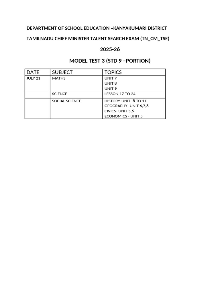 TN CM Talent Exam Model Test 3 | PDF