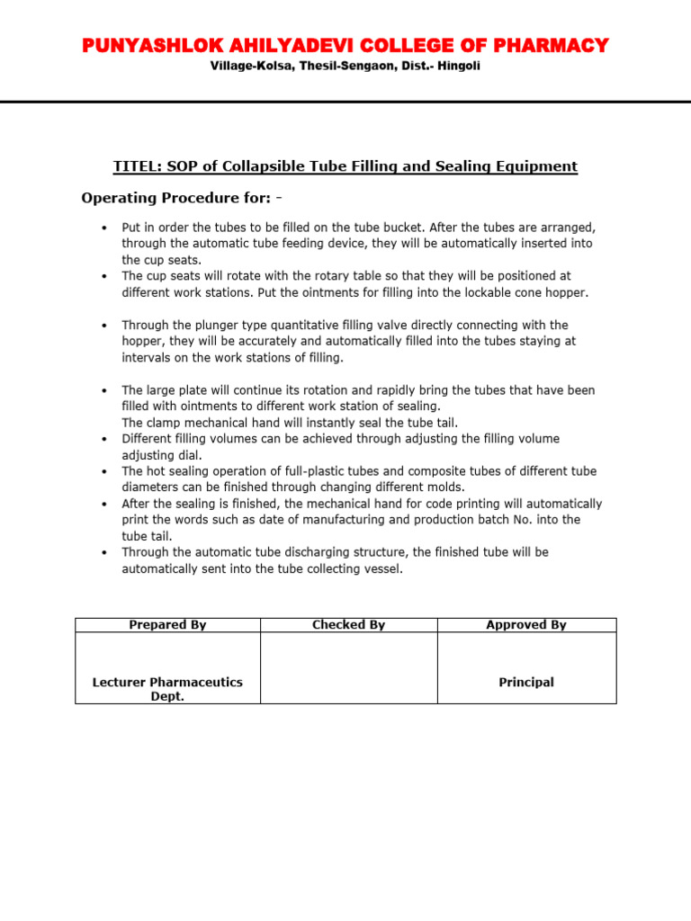 SOP Collapsible Tube Filling and Sealing | PDF