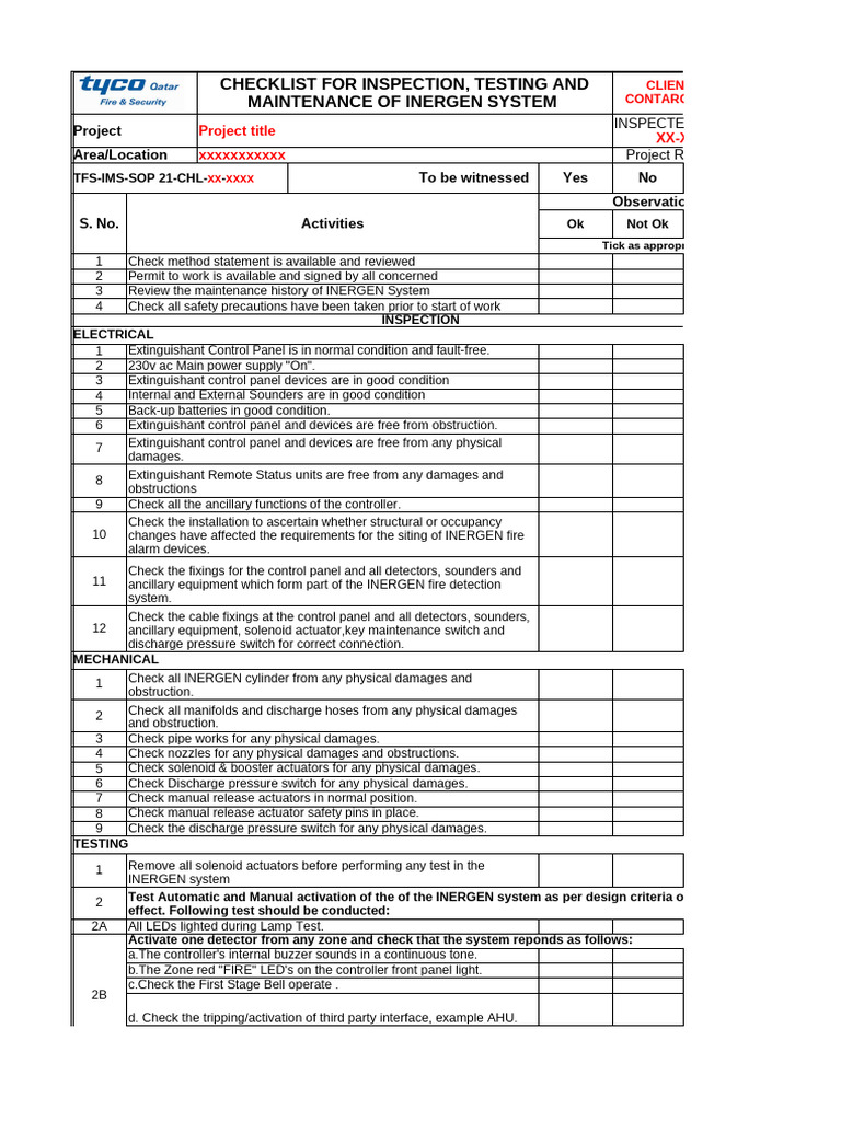 Inergen System Check List | PDF | Electrical Engineering | Manufactured ...