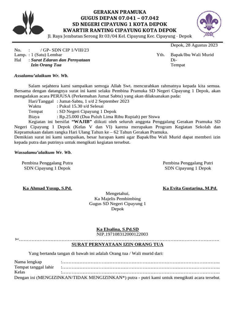 Surat Izin Perjusa untuk Wali Murid | PDF