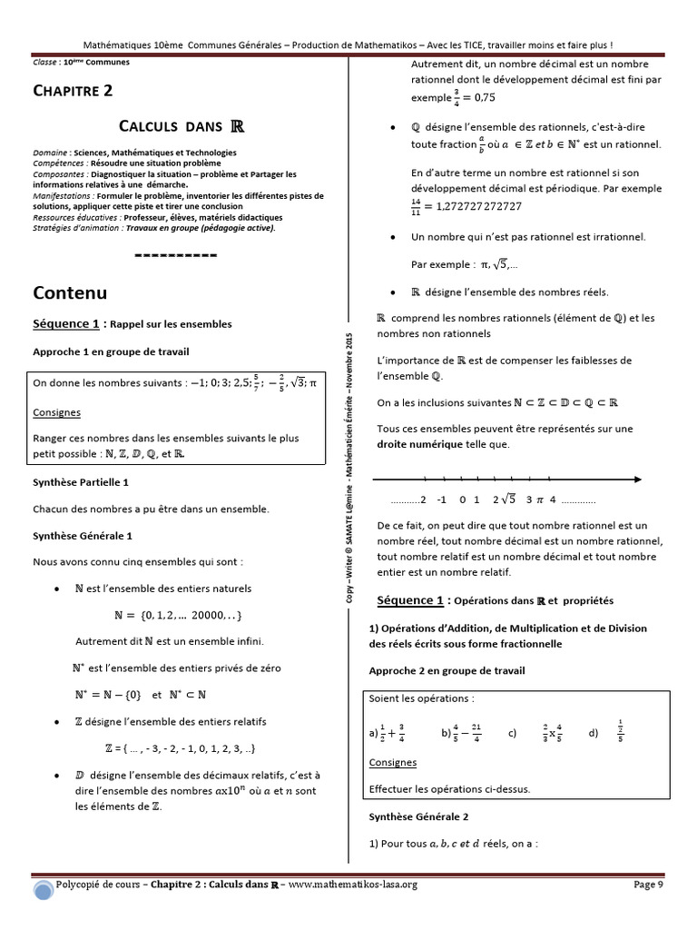 Opérations dans ℝ en Mathématiques 10ème | PDF | Nombre rationnel ...