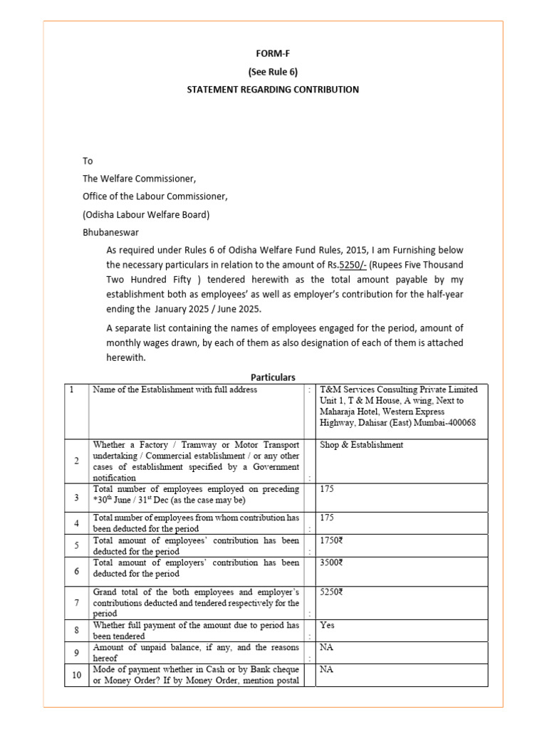 Form F LWF Statement Regarding Contribution | PDF | Money Order | Money