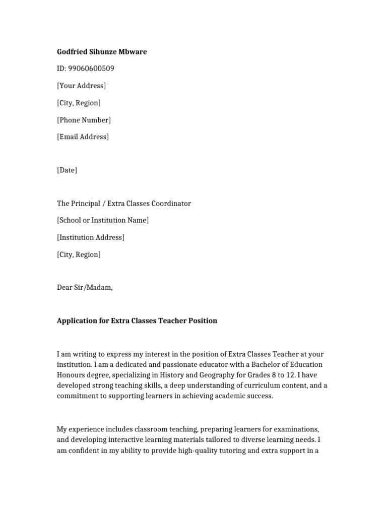 Application for Extra Classes Teacher | PDF