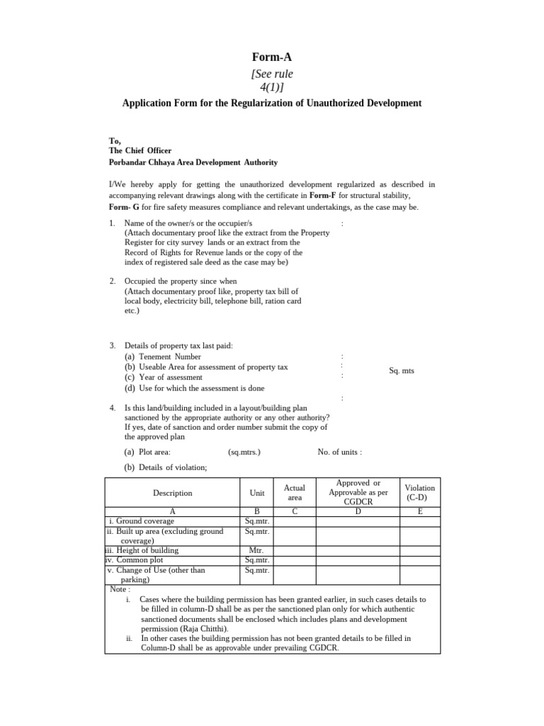 Form A Application Form For The Regularisation of Unauthorised ...