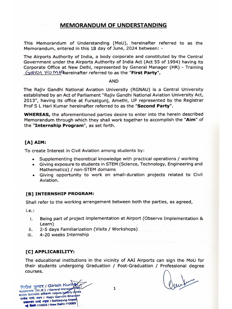 RGNAU-AAI MoU On Pradipti Internship | PDF