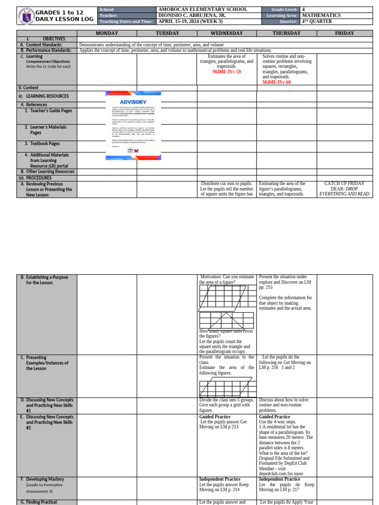 DLL Mathematics 4 q4 w3 Darwin | PDF | Area | Euclidean Geometry