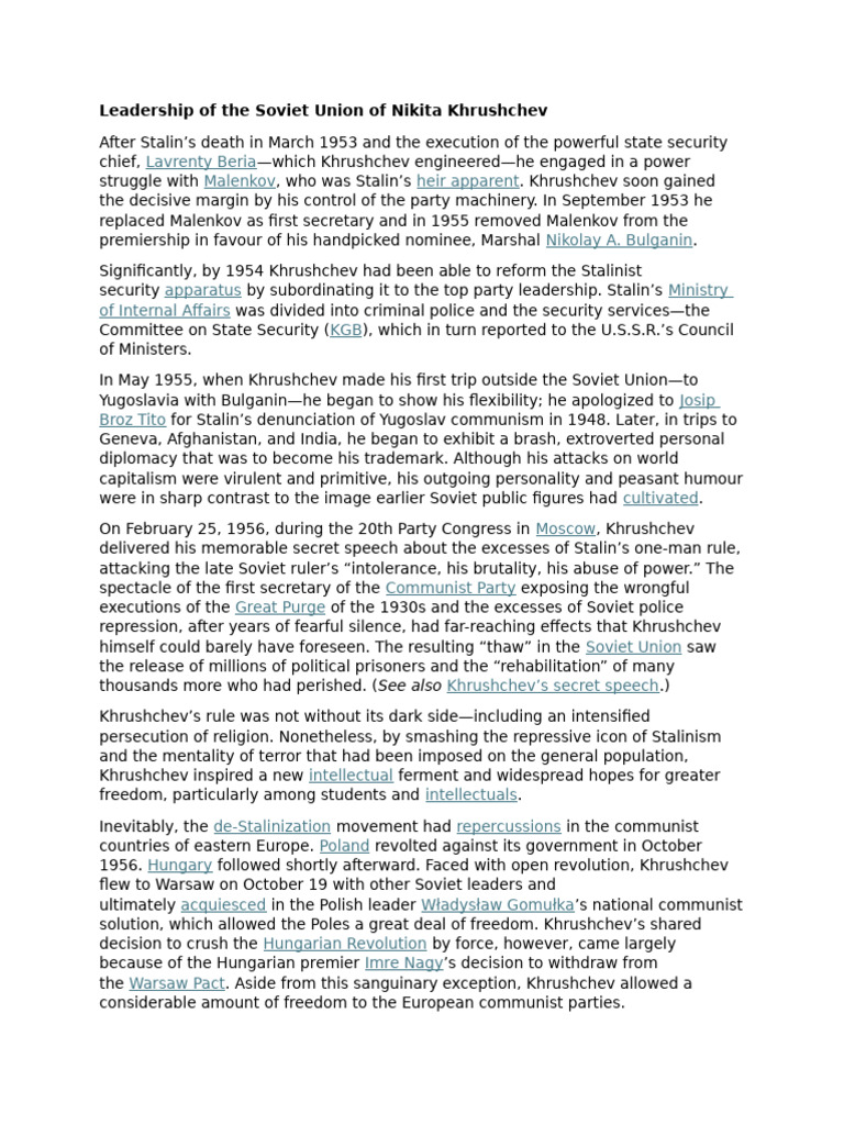 Khrushchev's Secret Speech and Reforms | PDF | Nikita Khrushchev ...