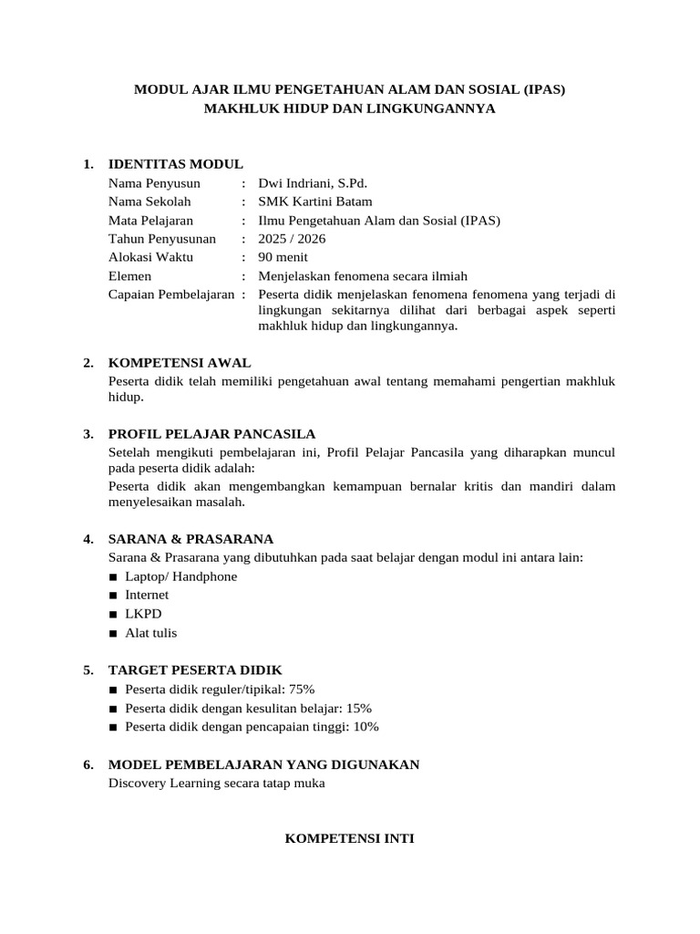 Modul Ajar IPAS SMK Kelas 10 Kurikulum Merdeka | PDF