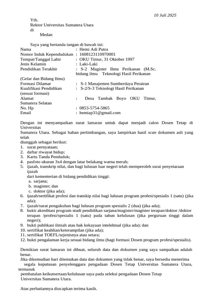 Surat Lamaran Hemi Adi Putra Dosen USU | PDF