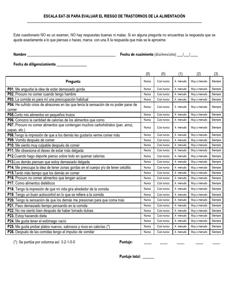 Escala Eat-26 para Evaluar El Riesgo de Trastornos de La Alimentación ...