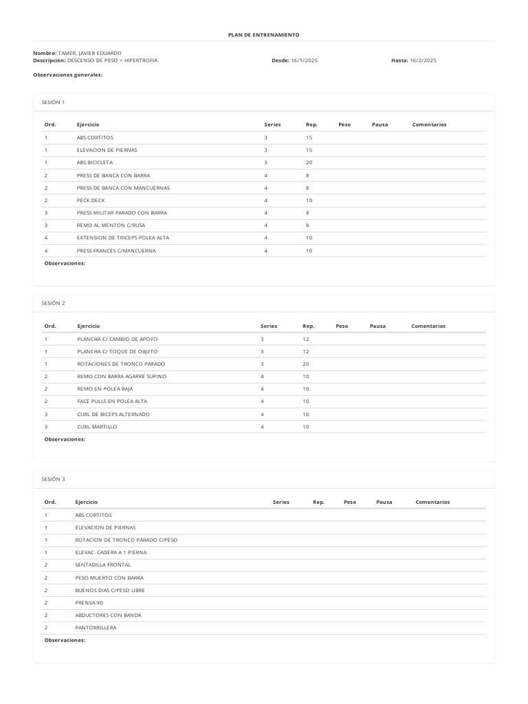 Plan PERDIDA DE PESO | PDF | Entrenamiento con pesas | Entrenamiento de fuerza