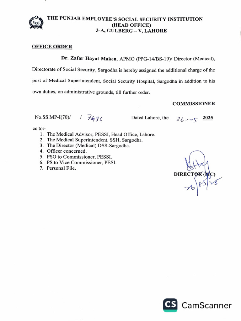 Dr. Zafar Hayat Assigned as Medical Superintendent | PDF