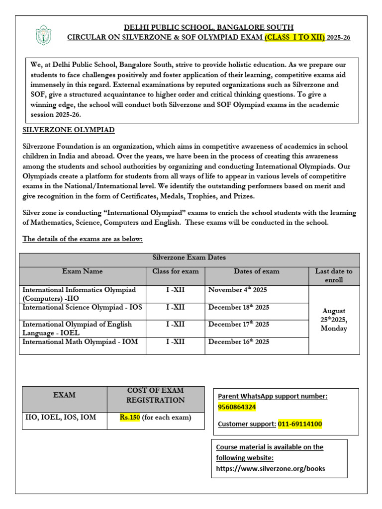 Circular For Silverzone SOF Olympiad Exam Class 1 - 12 2025-26 | PDF