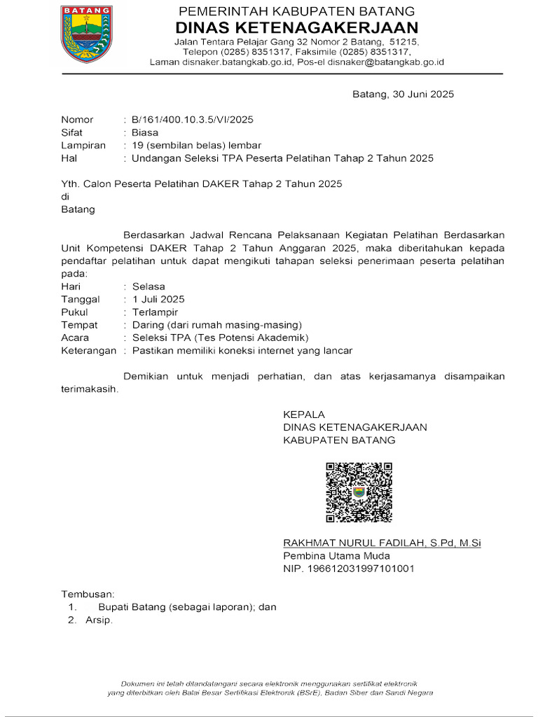 Jadwal Seleksi TPA Daker 2025 | PDF