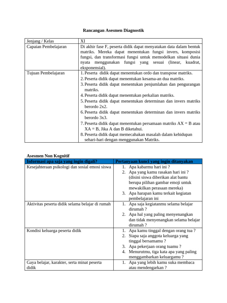 Rancangan Asesmen Diagnostik Kelas XI | PDF