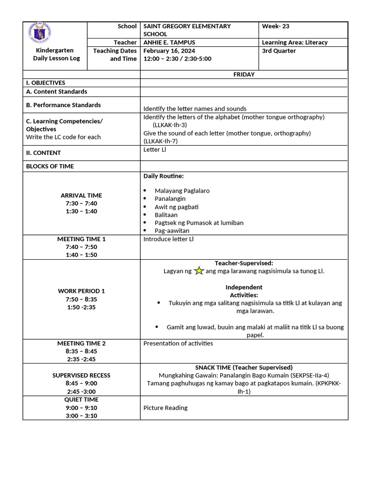 DLP Catch Up Friday Letter LL | PDF | Behavior Modification | Human Communication