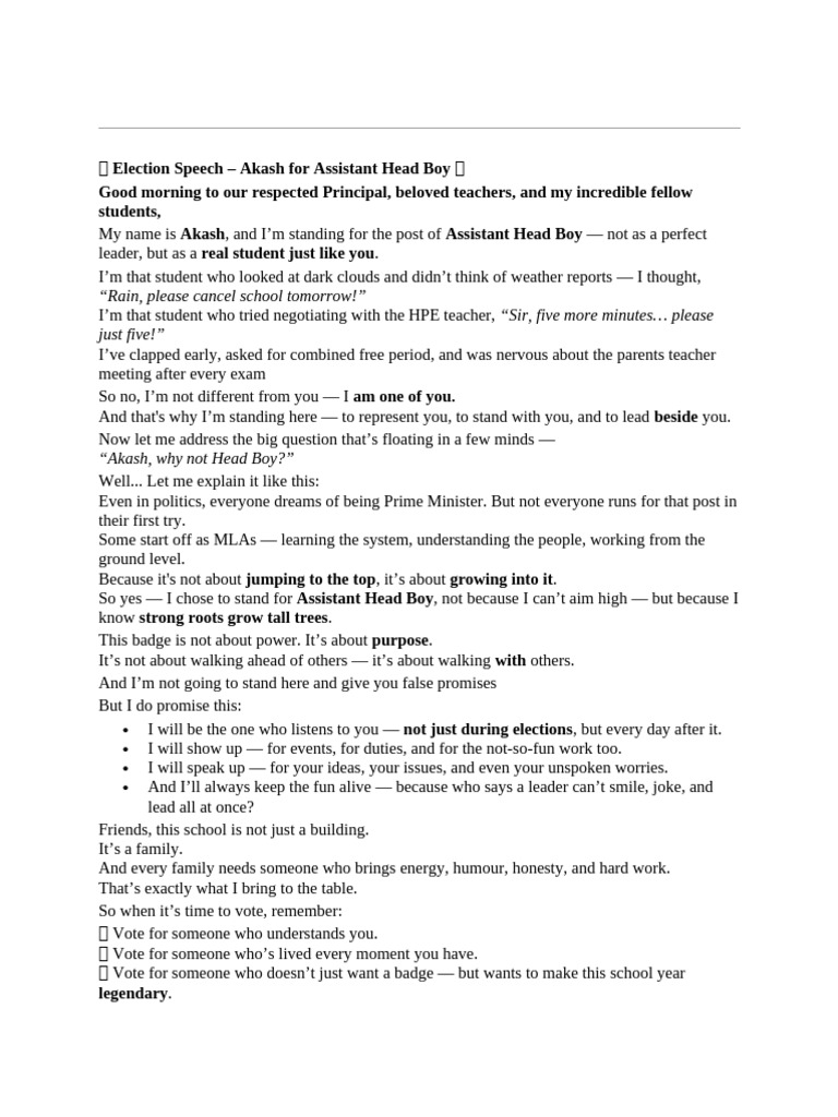Assistant Head Boy Speech Final | PDF