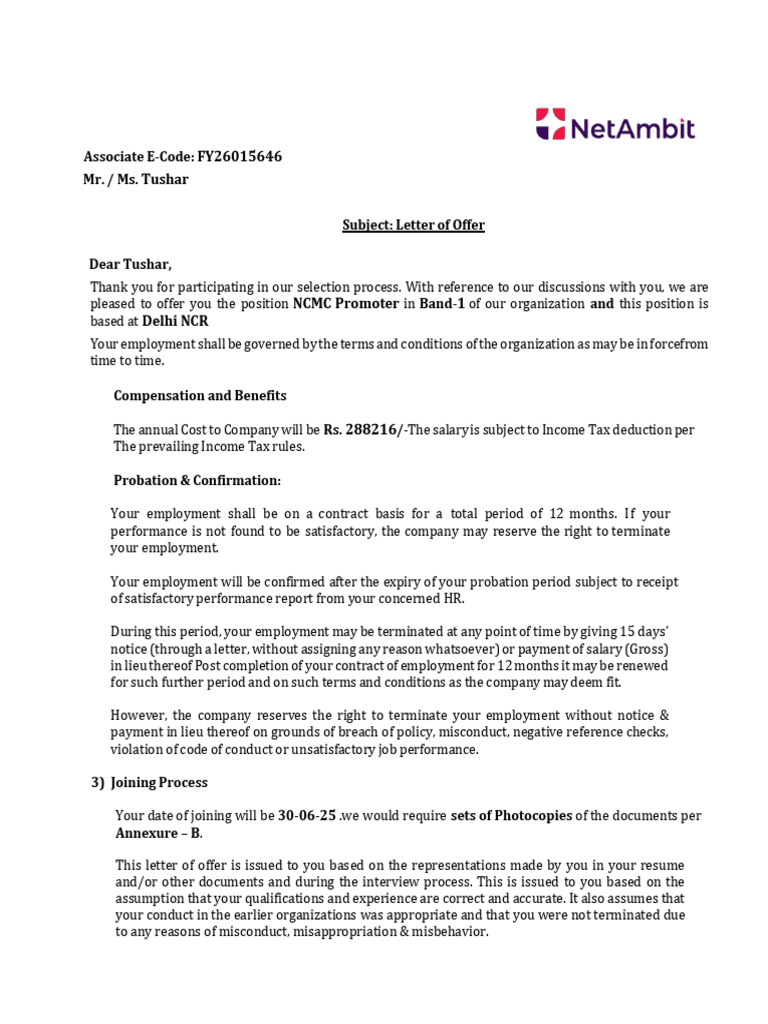 Offer Letter Tushar | PDF | Identity Document | Employment