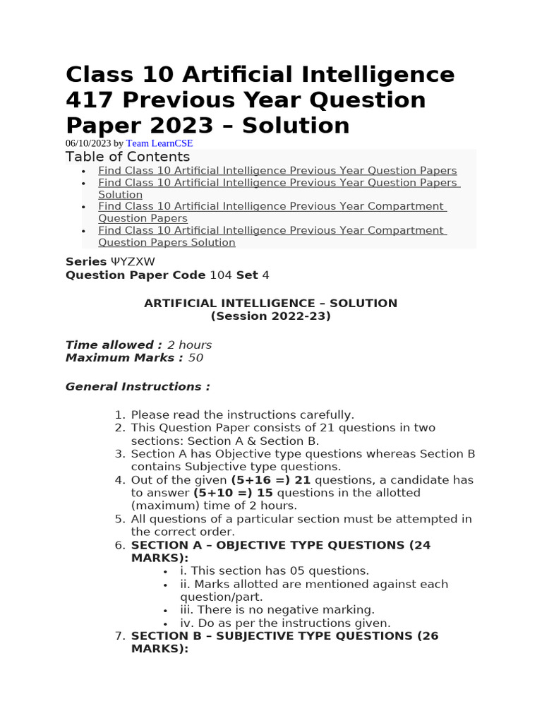 Class 10 Artificial Intelligence 417 Previous Year Question Paper 2023 | PDF | Machine Learning ...