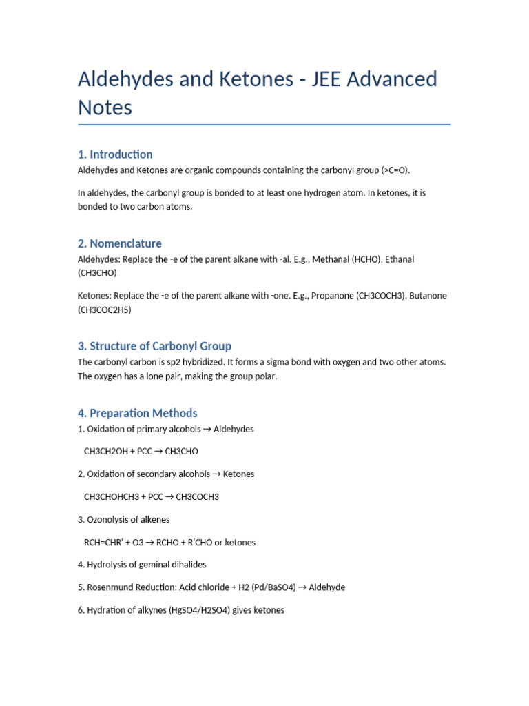 JEE Notes on Aldehydes and Ketones | PDF | Aldehyde | Ketone