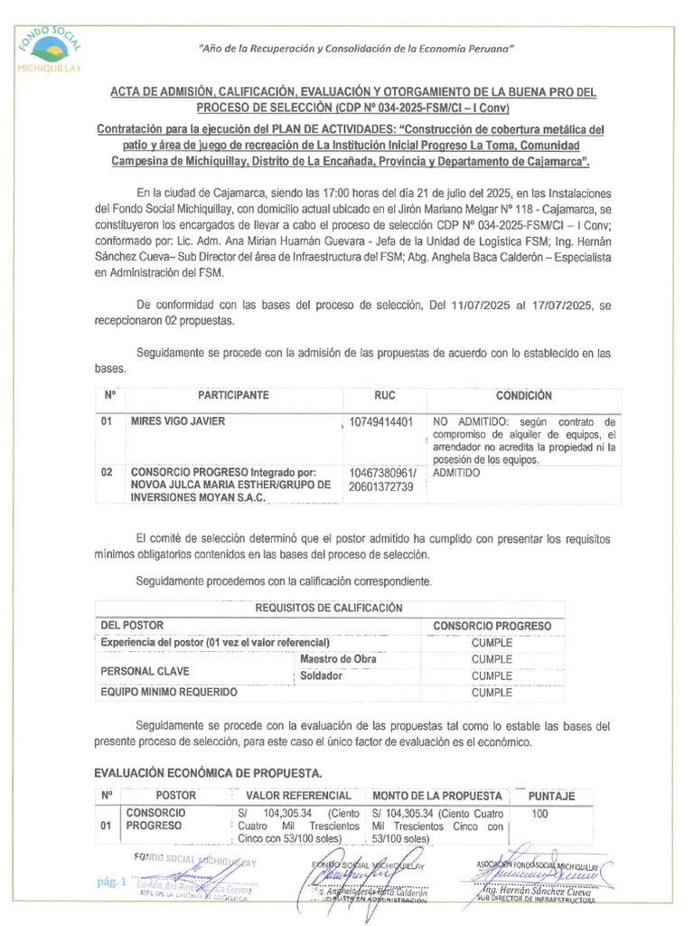 Acta de Buena Pro, CDP 034-2025.ci. Ejec. Plan. Cobertura La Toma. | PDF