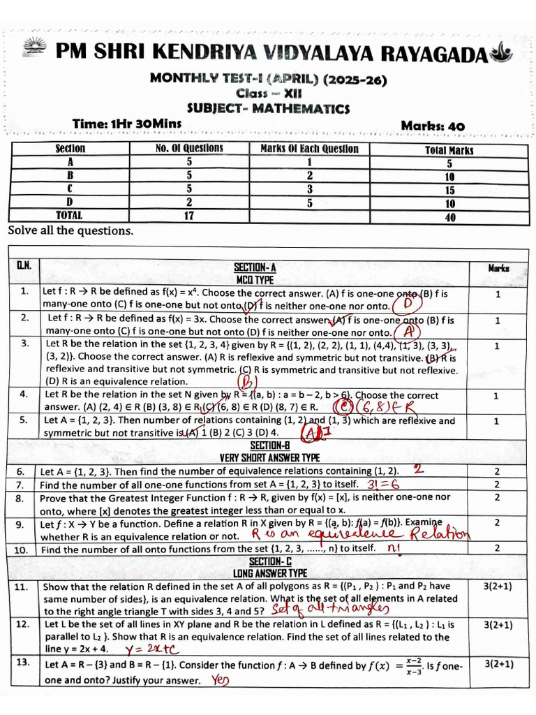 Mt-1 Maths Answer Key | PDF