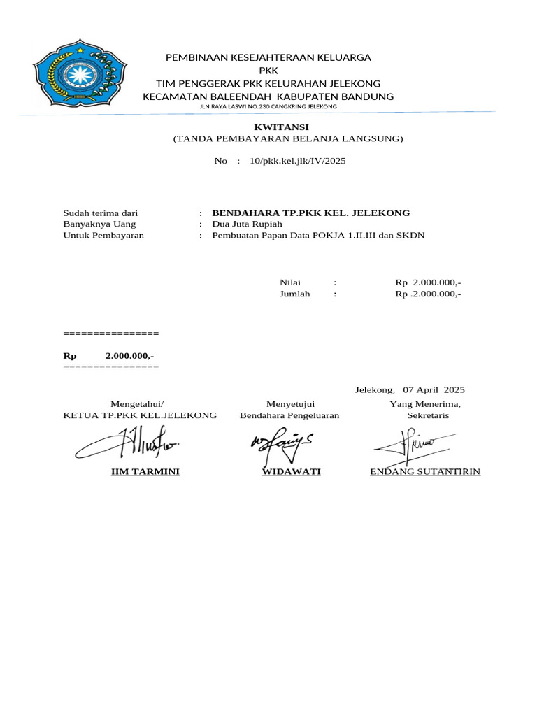 Kwitansi SPJ PKK Jelekong | PDF