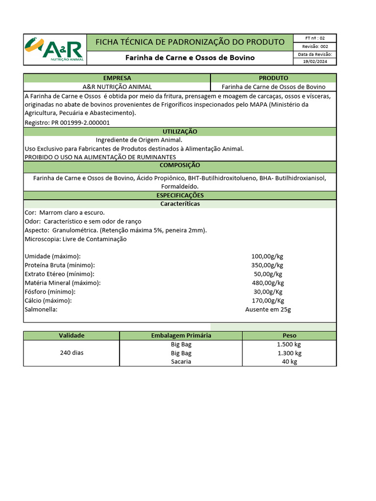 Ficha Técnica 02 - Farinha de Carne e Ossos de Bovino (4790) | PDF ...