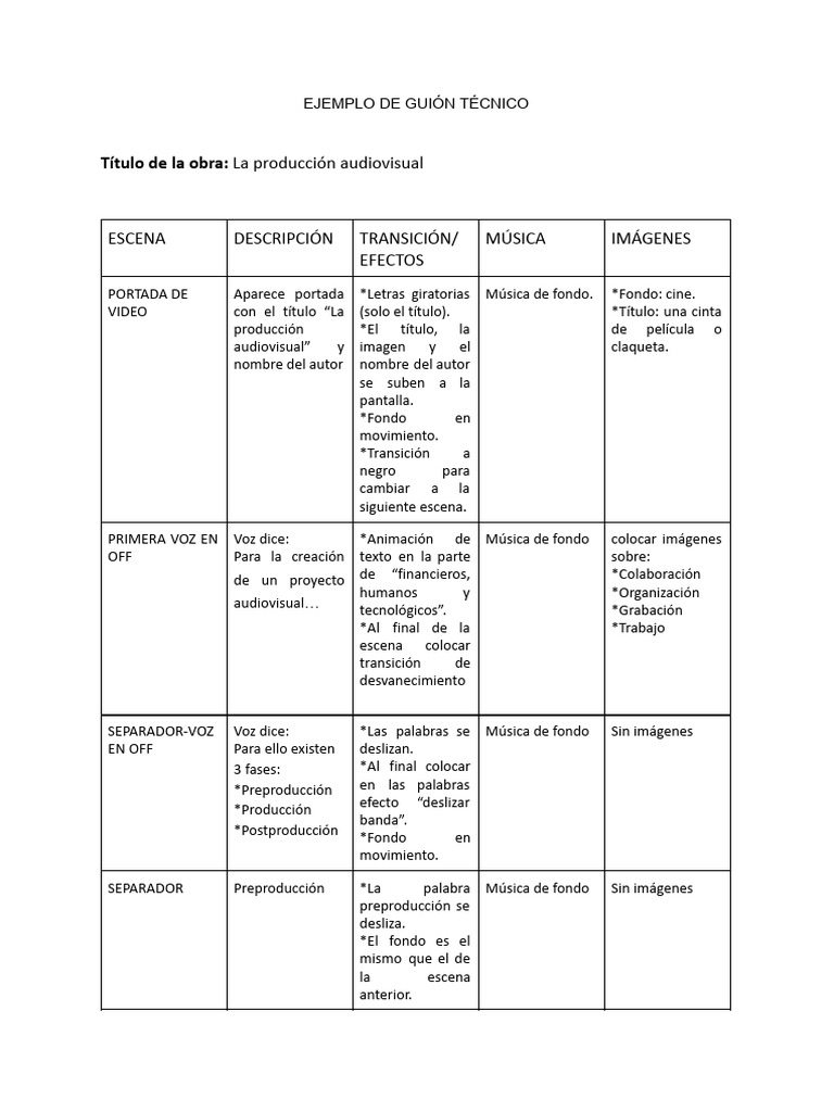 Guión Técnico para Producción Audiovisual | PDF