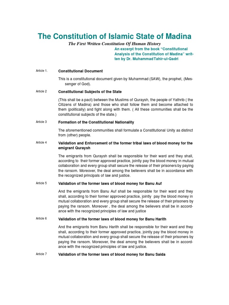The Constitution of Islamic State of Madina | Muhammad | Medina