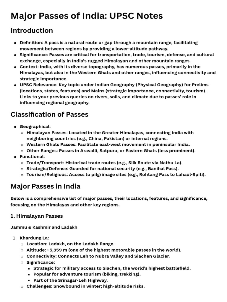 Major Mountain Passes in India for UPSC | PDF | Himalayas | Earth Sciences