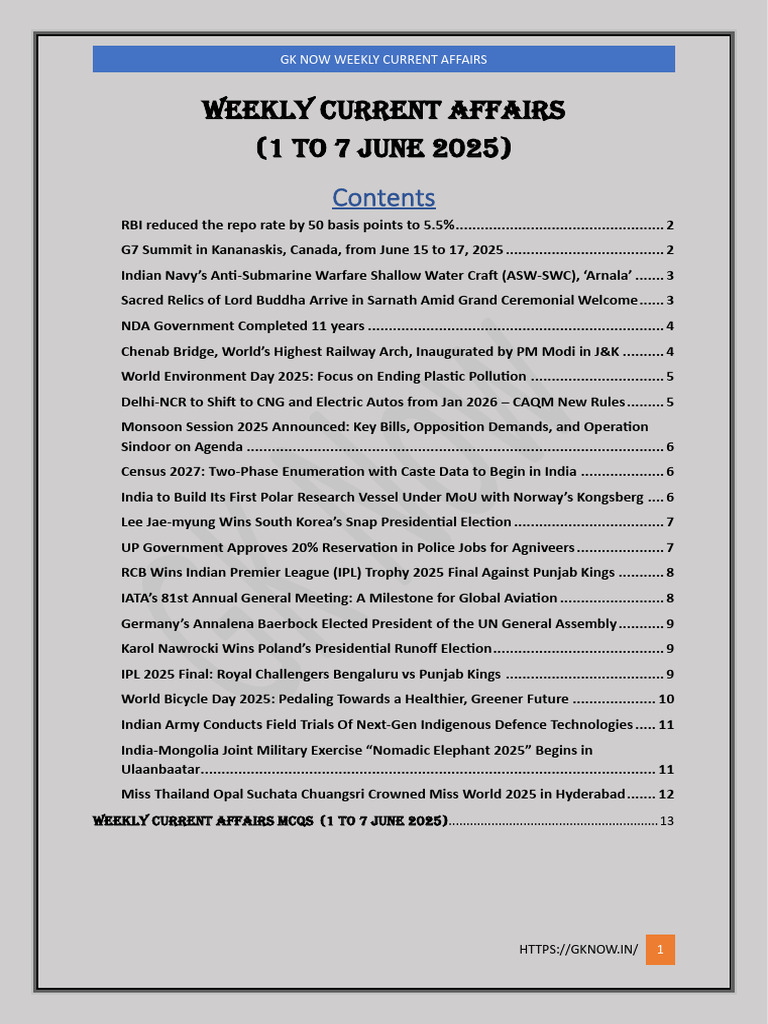 Weekly 1 To 7 June Current Affairs (English) | PDF