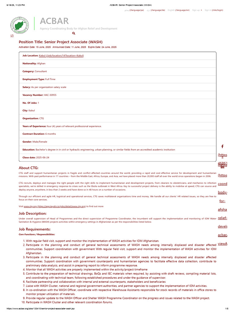 ACBAR - Senior Project Associate (WASH) | PDF | Wash | International Organization For Migration