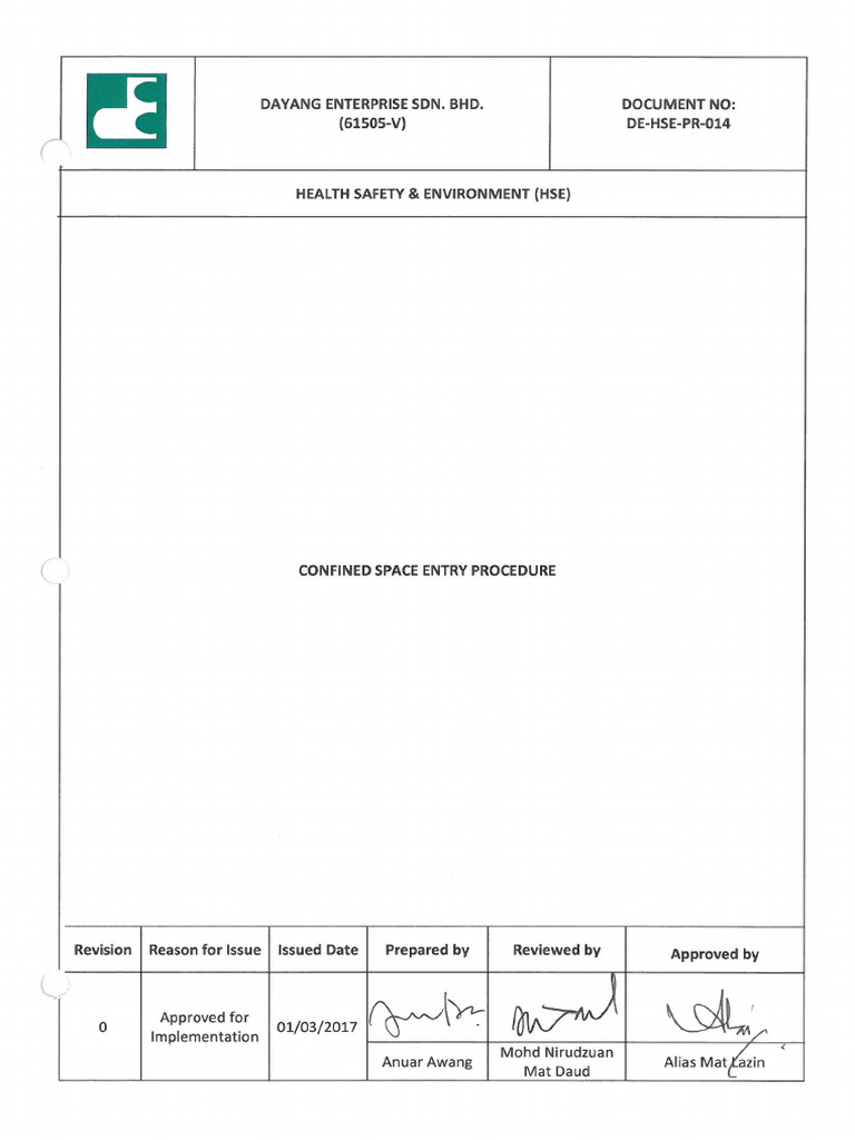 Confined Space Entry Procedure Pdf Underwater Diving Occupational