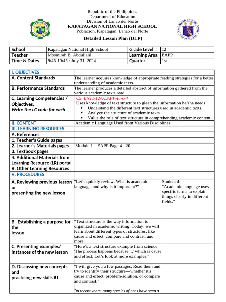 Eapp DLP Academic Structure | PDF | Desert | Learning