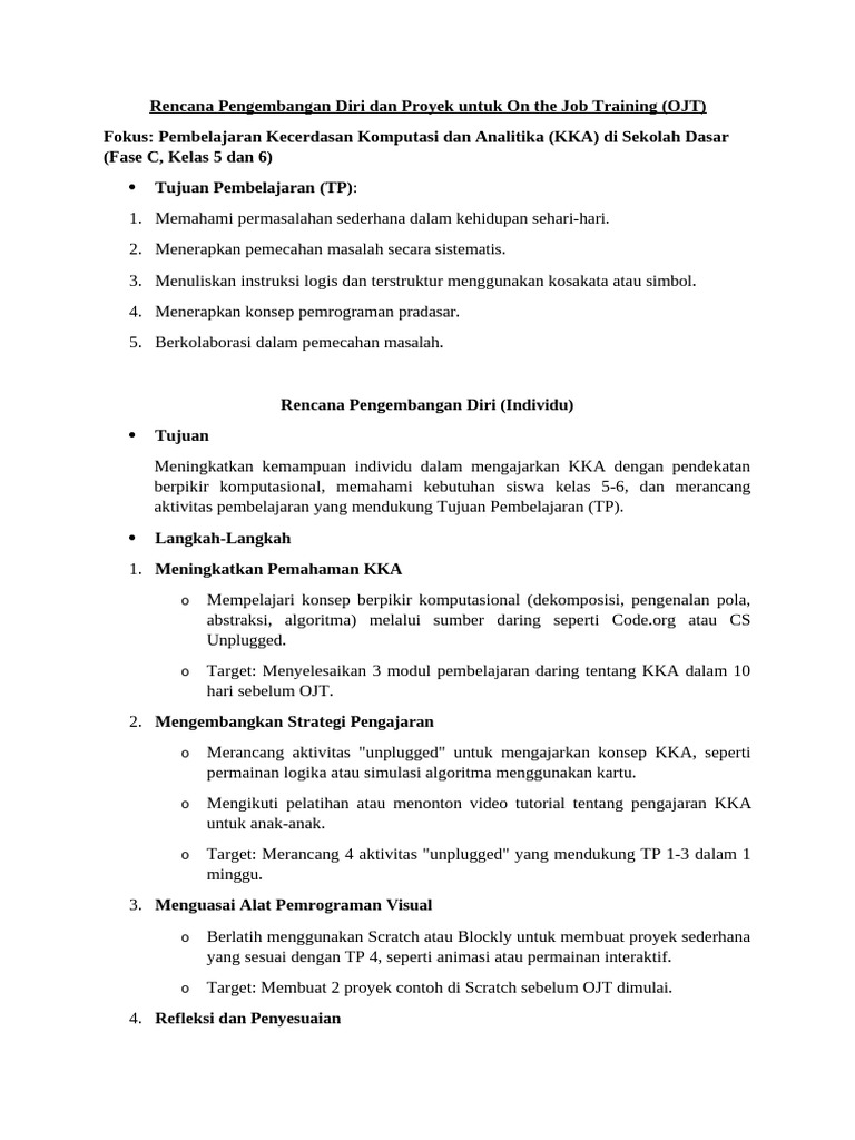 Rencana Pengembangan Diri Dan Proyek Untuk On The Job Training | PDF