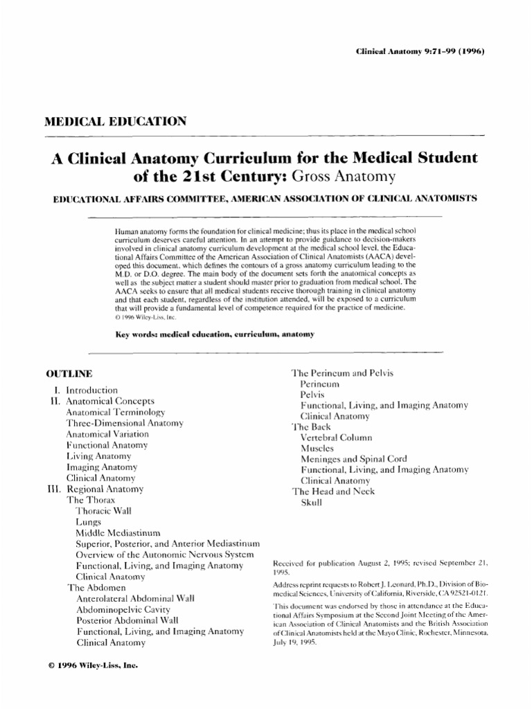 A Clinical Anatomy Curriculum For The Medical Student The 21st Century ...