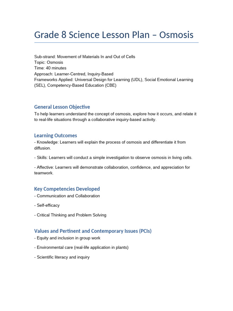 Grade 8 Science Lesson Plan Osmosis | PDF | Inquiry Based Learning ...