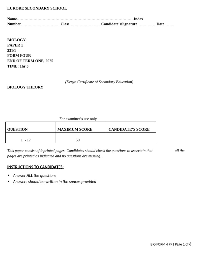 3868 Form 4 Biology Paper 1 End of Term 1 Examination 2025 Word Format | PDF | Evolution ...