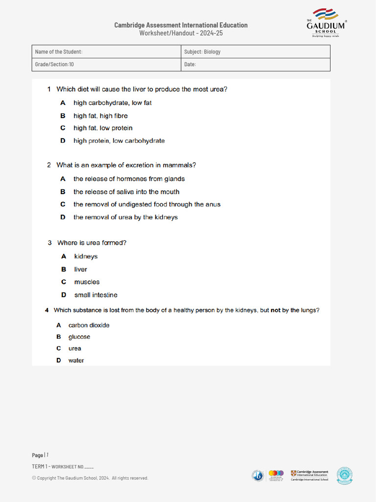 Excretion in Humans Worksheet Igcse | PDF | All Rights Reserved | Student Assessment And Evaluation