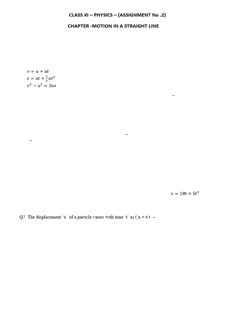 Class Xi Physics -Motion in a Straight Line ( Assignment No.2.) | PDF | Acceleration | Velocity