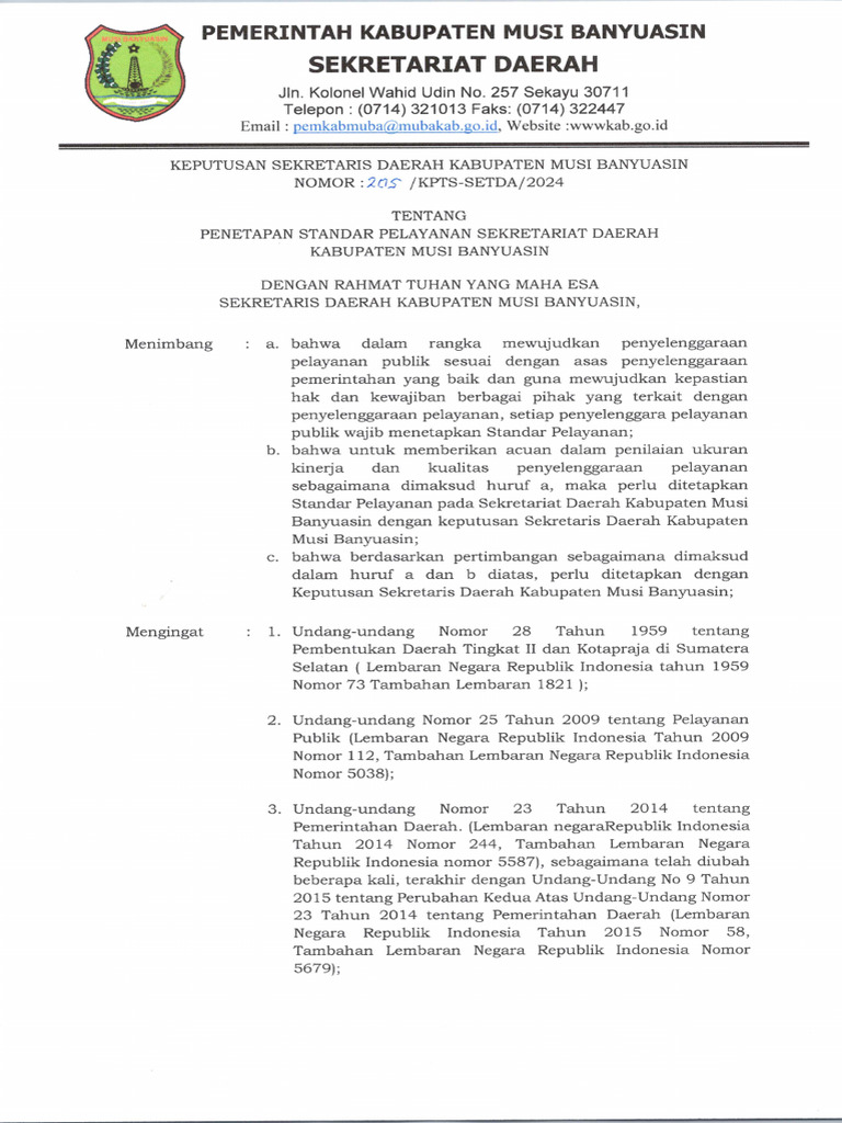 SK Standar Pelayanan Setda 2024 | PDF