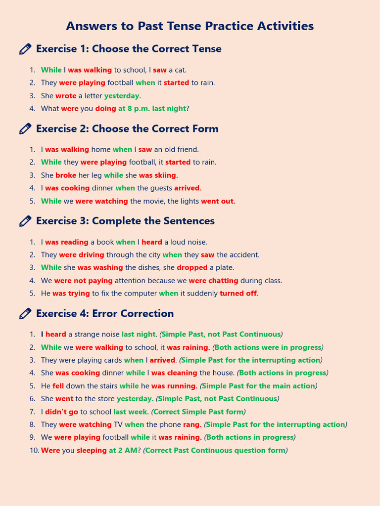 Answers To Past Tense Practice Activities | PDF